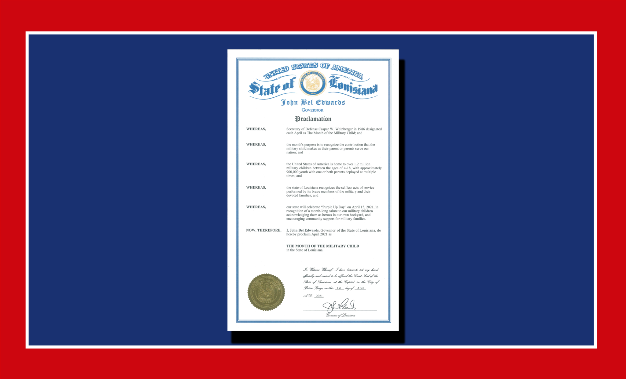 Governor John Bel Edwards Proclamation – Louisiana National Guard